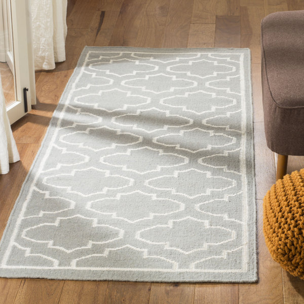Ebern Designs Rodgers Hand Woven Flat Weave Banana Silk/Wool/Cotton Geometric Rug in Ivory/Gray ...